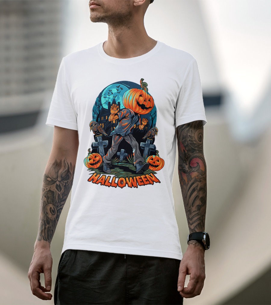 Spooky Halloween Pumpkin Head Costume With Haunted House And Bats T-Shirt