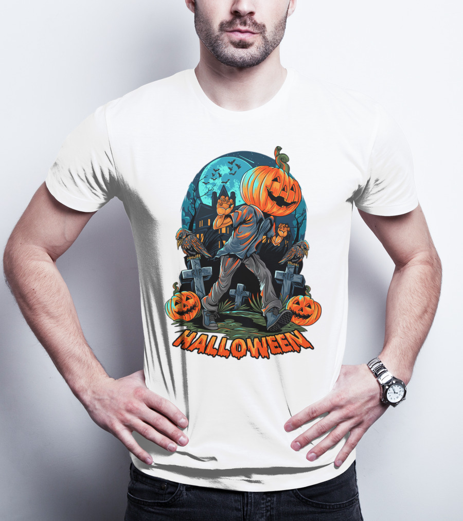 Spooky Halloween Pumpkin Head Costume With Haunted House And Bats T-Shirt