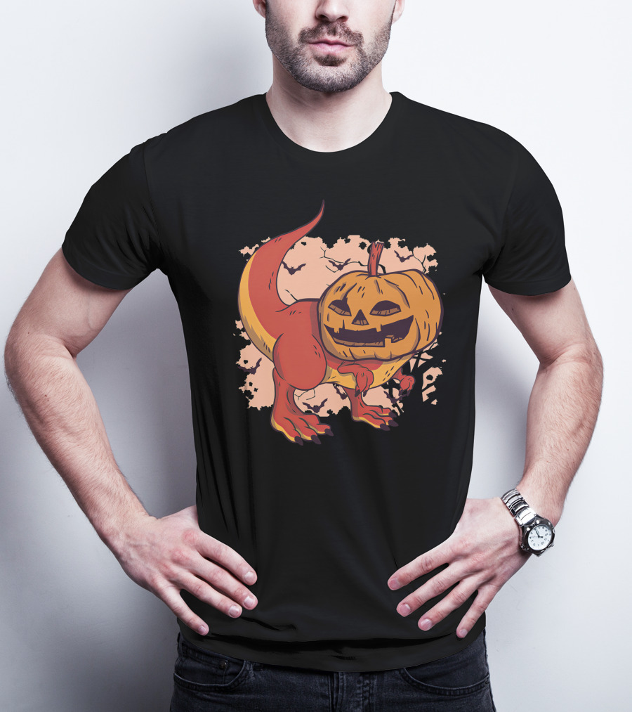 Pumpkin-Head Dinosaur With Jack-O'-Lantern Face And Creepy Background T-Shirt
