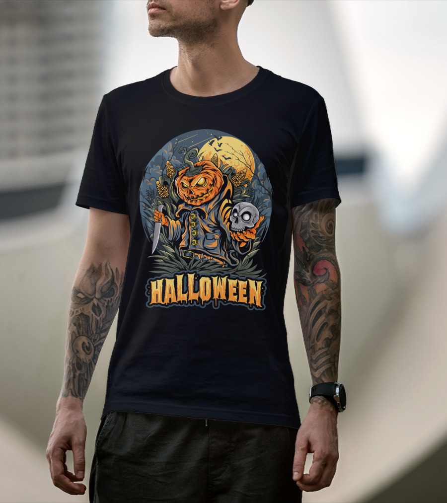 Halloween Pumpkin Head With Knife And Skull In Cornfield Scene T-Shirt