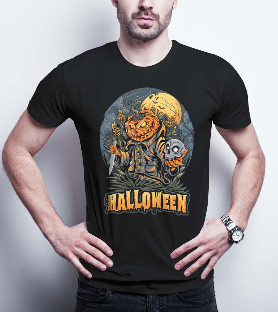 Halloween Pumpkin Head With Knife And Skull In Cornfield Scene T-Shirt