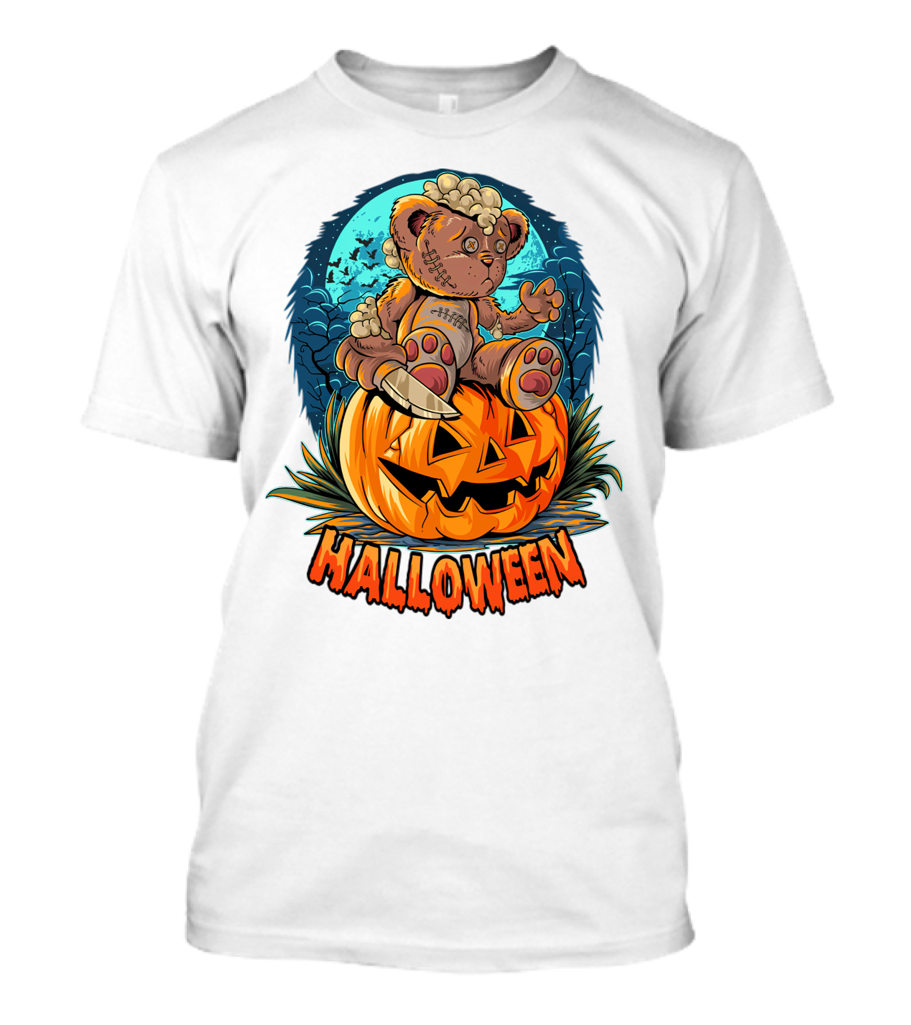 Halloween Teddy Bear On Pumpkin With Moon And Bats T-Shirt