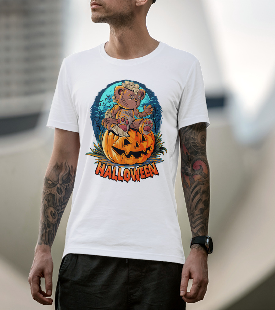 Halloween Teddy Bear On Pumpkin With Moon And Bats T-Shirt