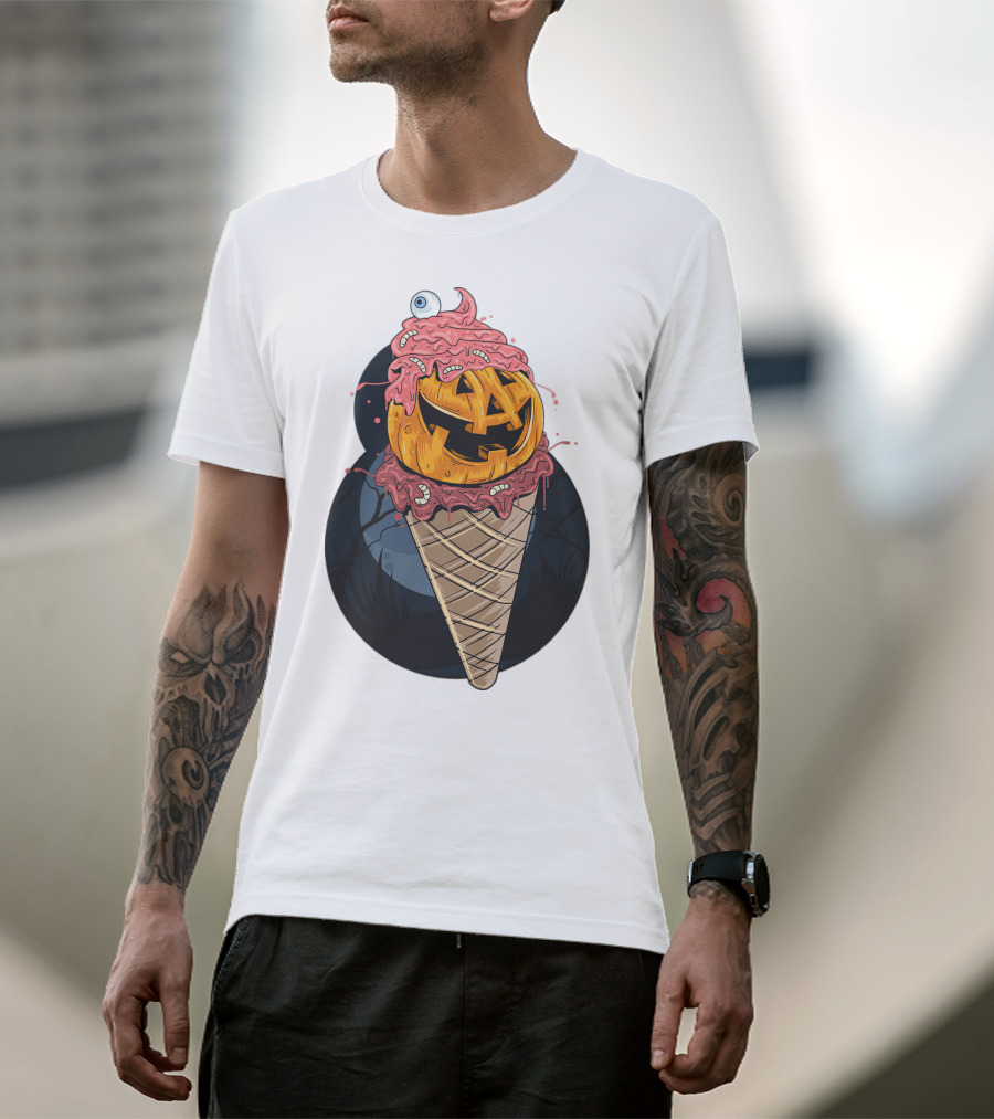Ice Cream Pumpkin Creepy Cone Halloween Mashup T-Shirt