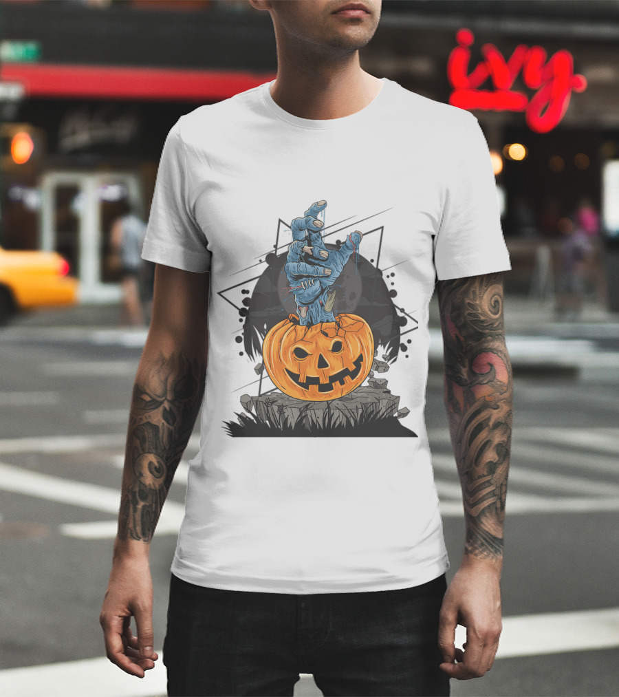 Zombie Hand Emerging From Pumpkin With Spooky Halloween Moon Background T-Shirt