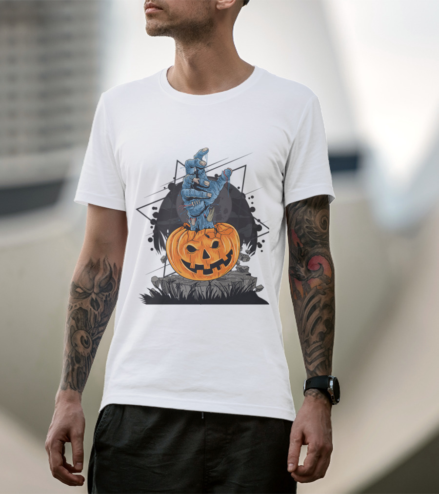 Zombie Hand Emerging From Pumpkin With Spooky Halloween Moon Background T-Shirt