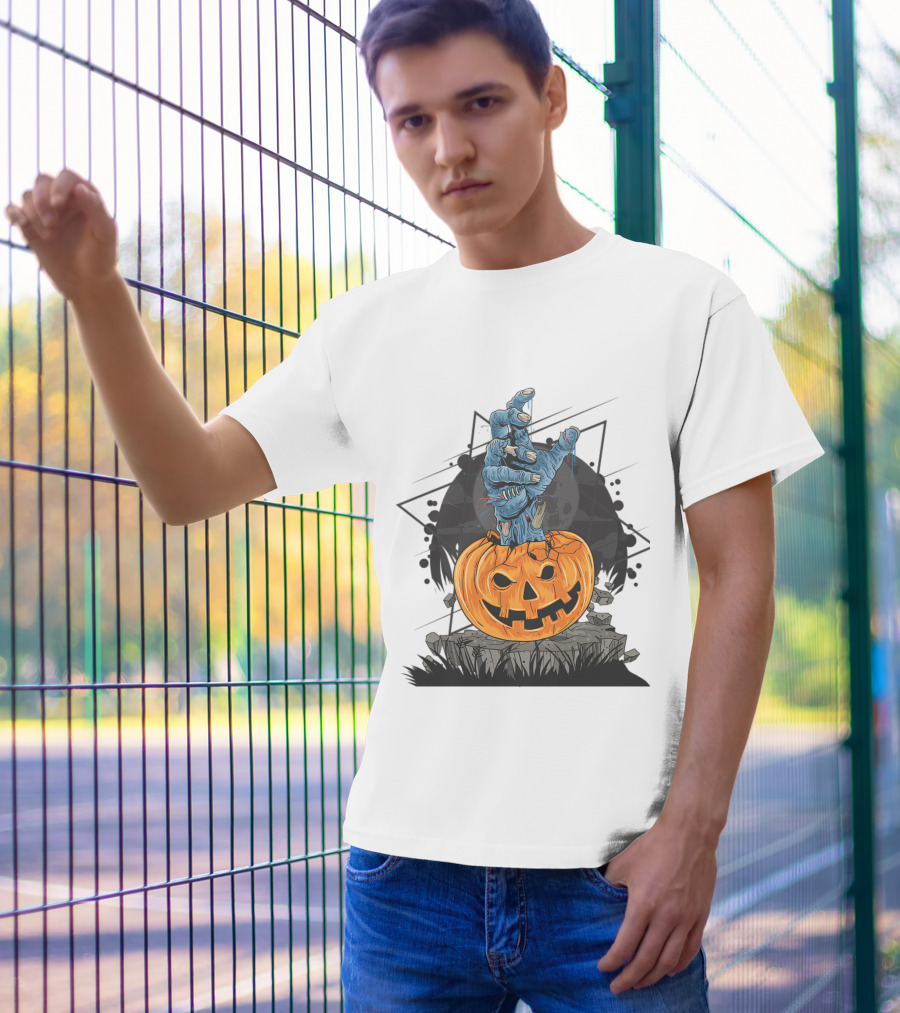 Zombie Hand Emerging From Pumpkin With Spooky Halloween Moon Background T-Shirt