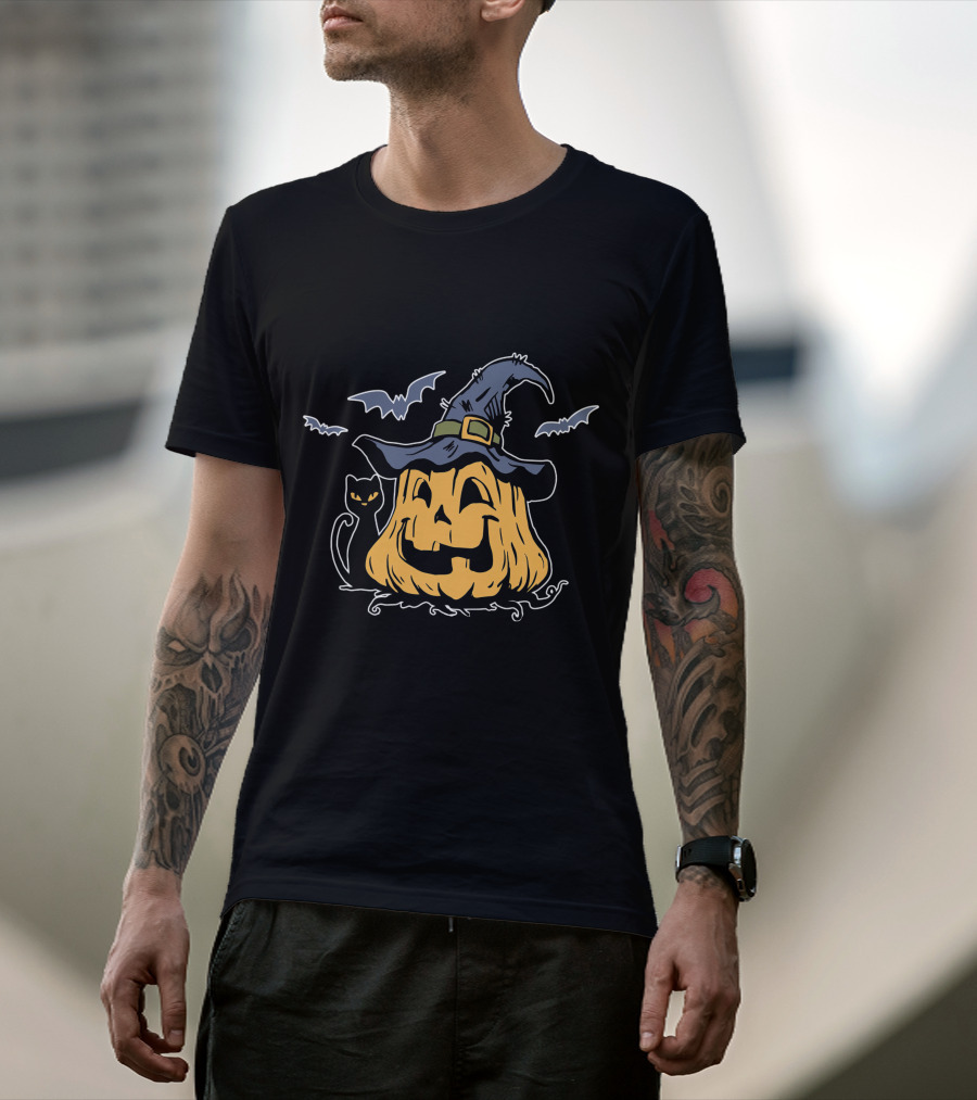 Pumpkin Black Cat Witch Hat Bats Everyday Is Halloween T-Shirt