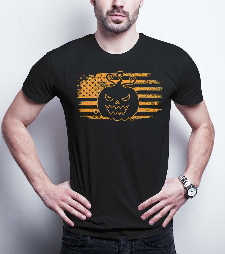 Halloween Pumpkin Monster USA Flag Grunge T-Shirt
