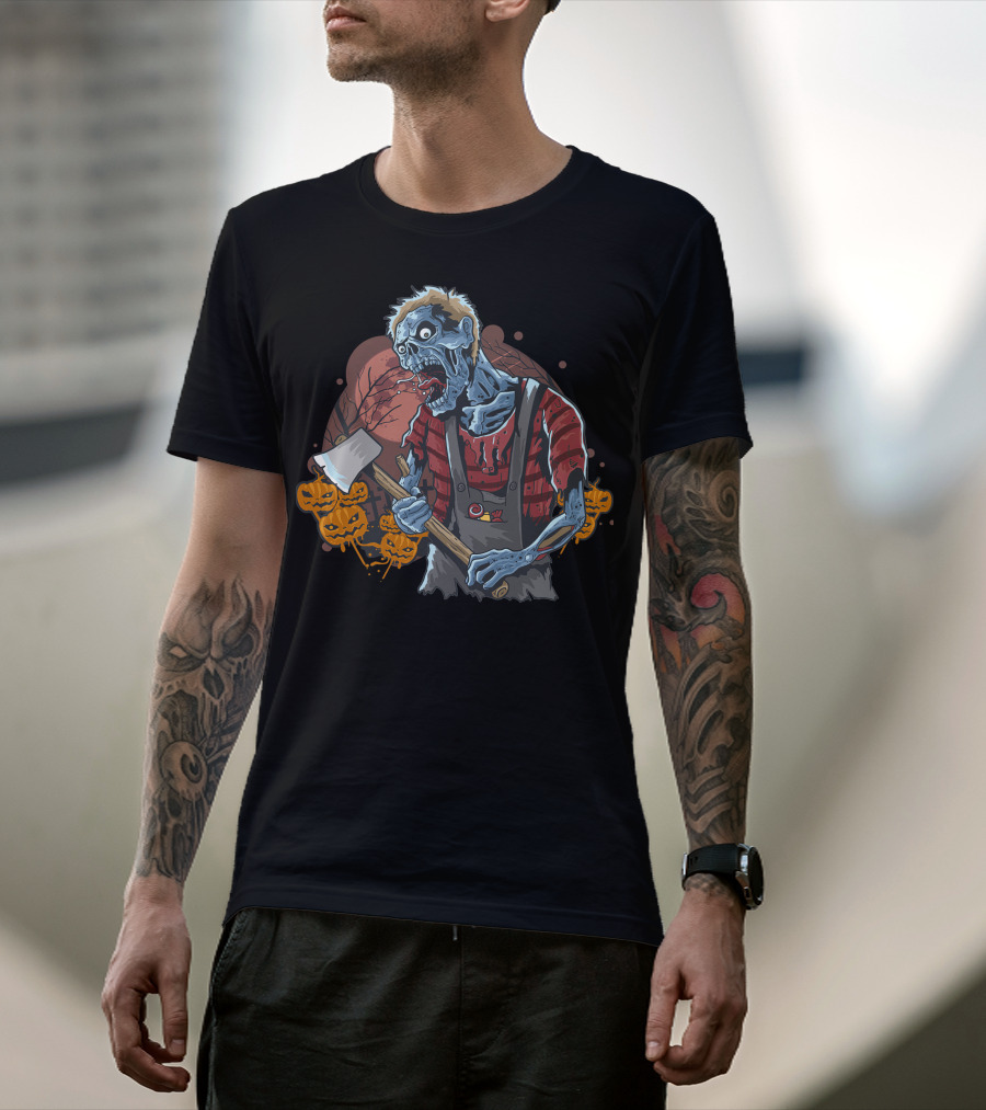Zombie With Axe And Pumpkins In Spooky Forest T-Shirt