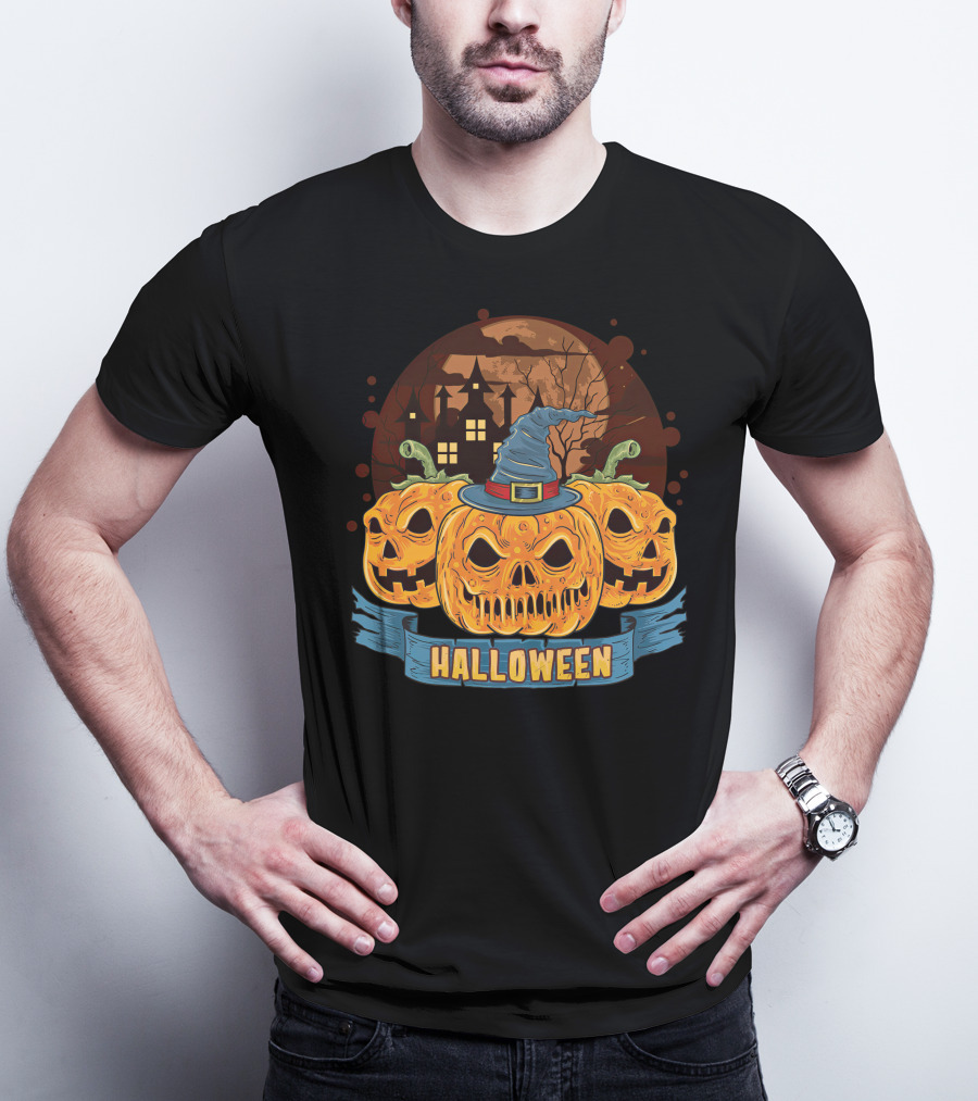 Halloween Spooky Pumpkins With Haunted House And Witch Hat T-Shirt