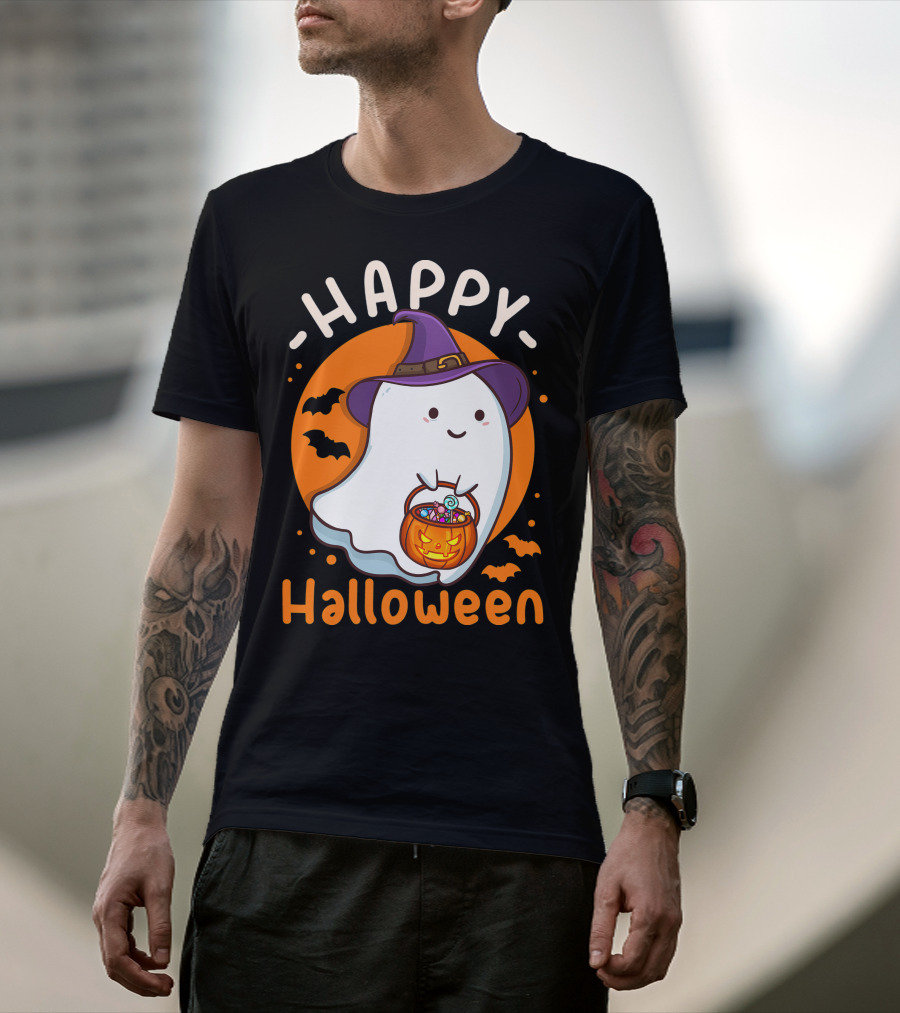 Happy Halloween Ghost With Pumpkin And Witch Hat T-Shirt