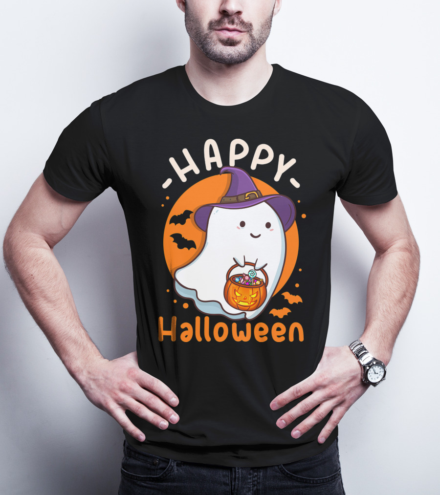 Happy Halloween Ghost With Pumpkin And Witch Hat T-Shirt