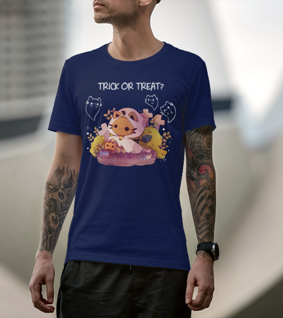 Trick Or Treat Kitty Ghost With Pumpkin And Crosses T-Shirt