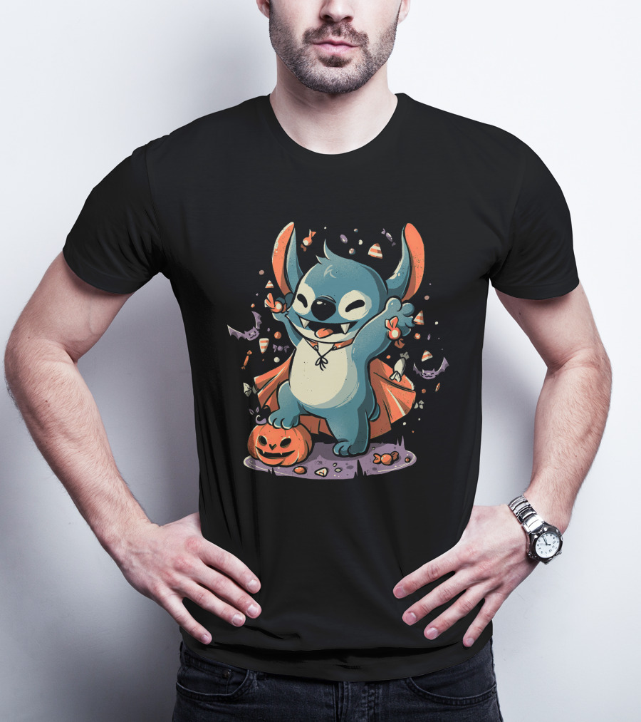 Halloween Cute Cartoon Stitch Vampire Candy Pumpkin T-Shirt