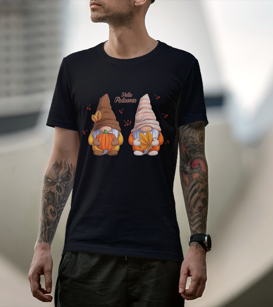 Hello Autumn Gnomes With Pumpkin And Leaf T-Shirt