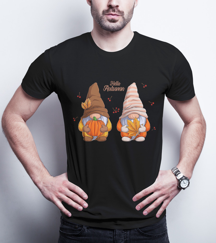 Hello Autumn Gnomes With Pumpkin And Leaf T-Shirt