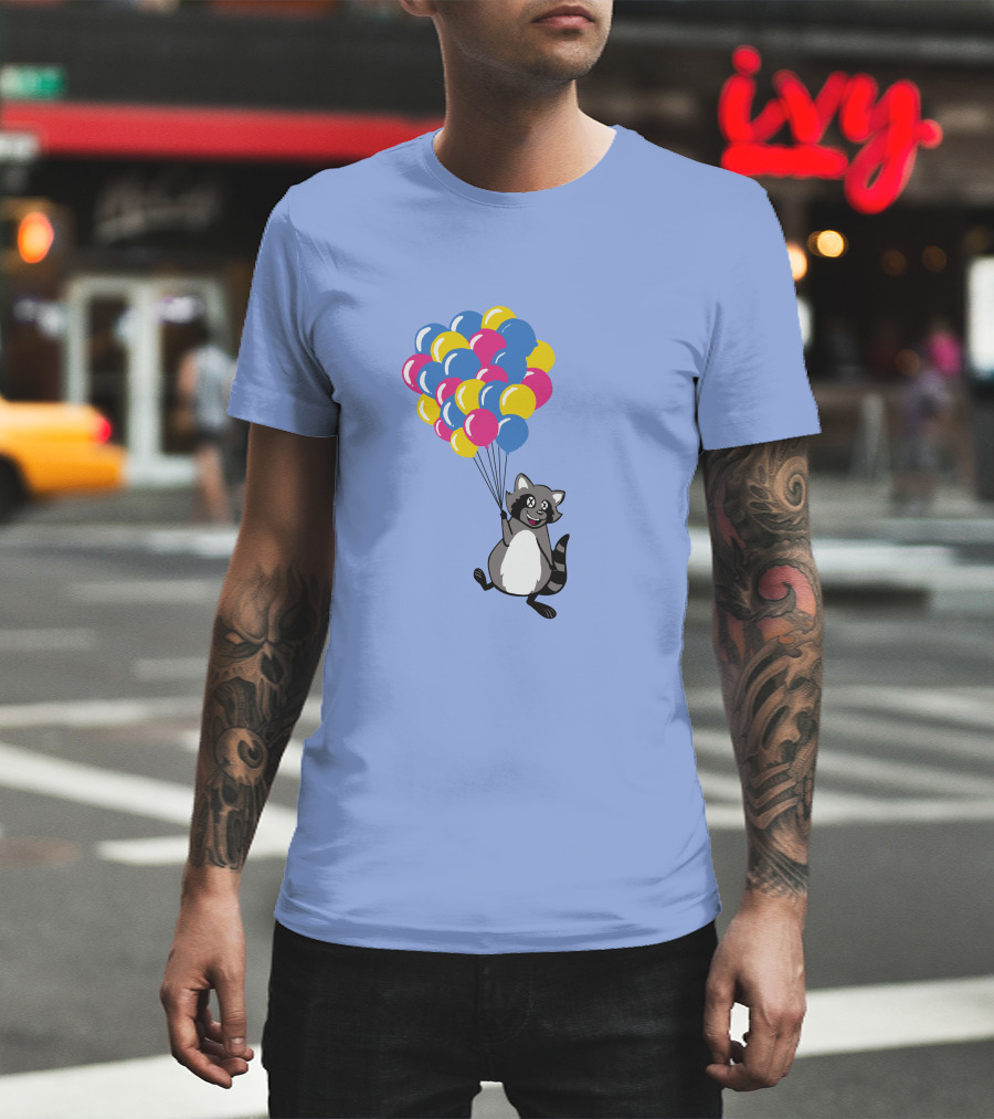 Raccoon Flying With Colorful Balloons T-Shirt
