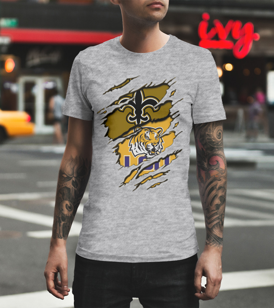 Saints Fleur-de-Lis And LSU Tiger Logo Combination T-Shirt