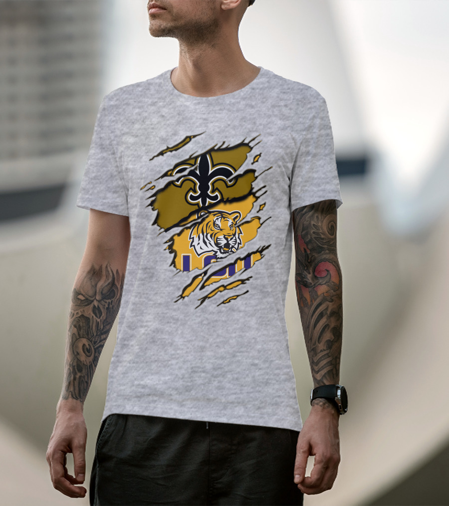 Saints Fleur-de-Lis And LSU Tiger Logo Combination T-Shirt