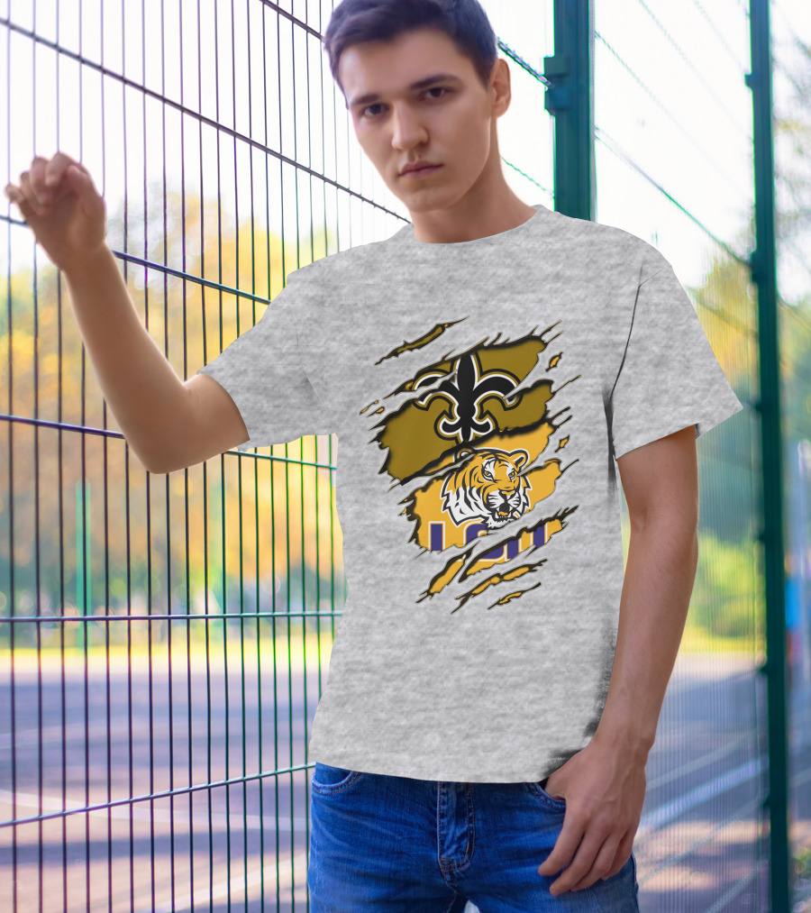 Saints Fleur-de-Lis And LSU Tiger Logo Combination T-Shirt