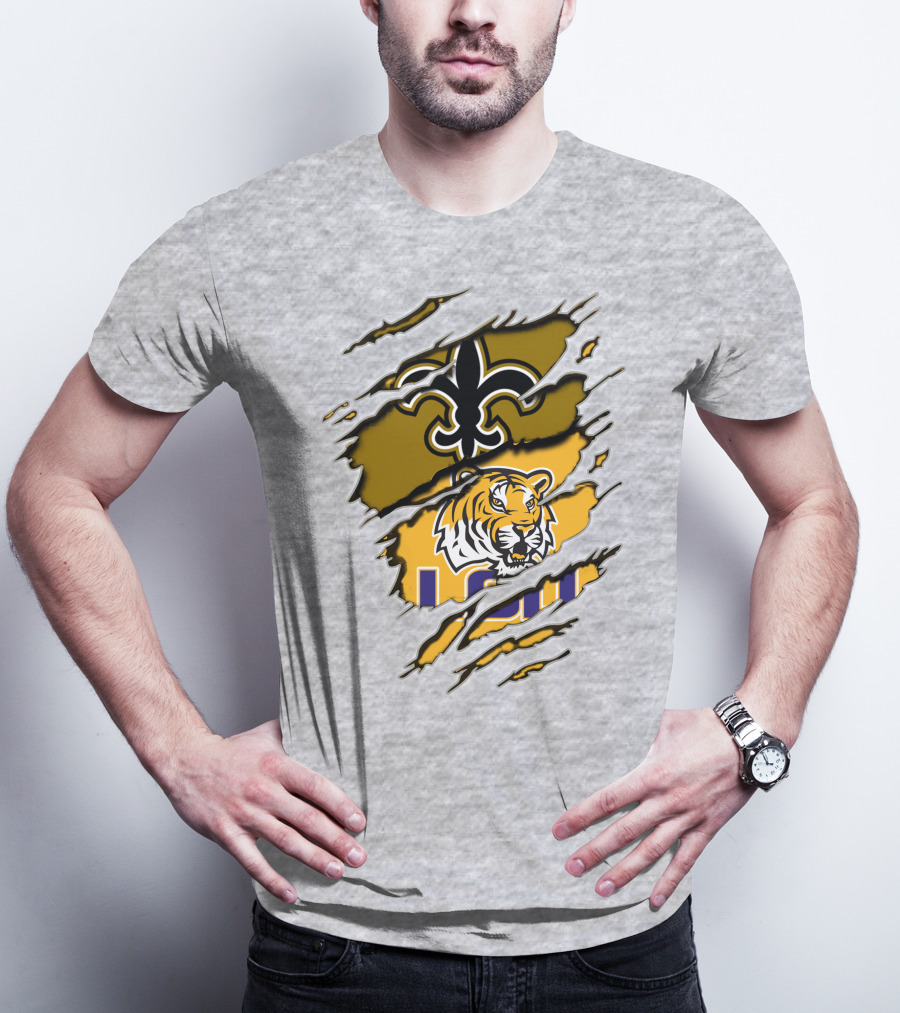 Saints Fleur-de-Lis And LSU Tiger Logo Combination T-Shirt