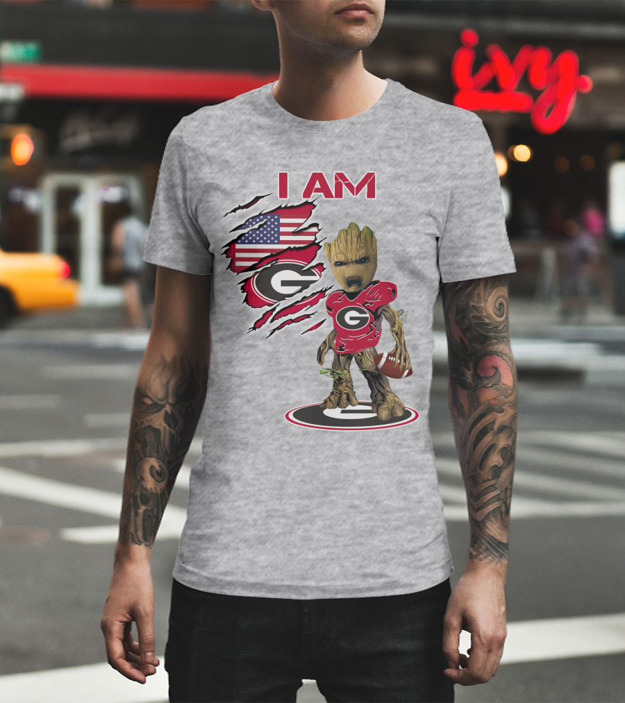 I AM Go Dawgs Football Groot American Flag T-Shirt