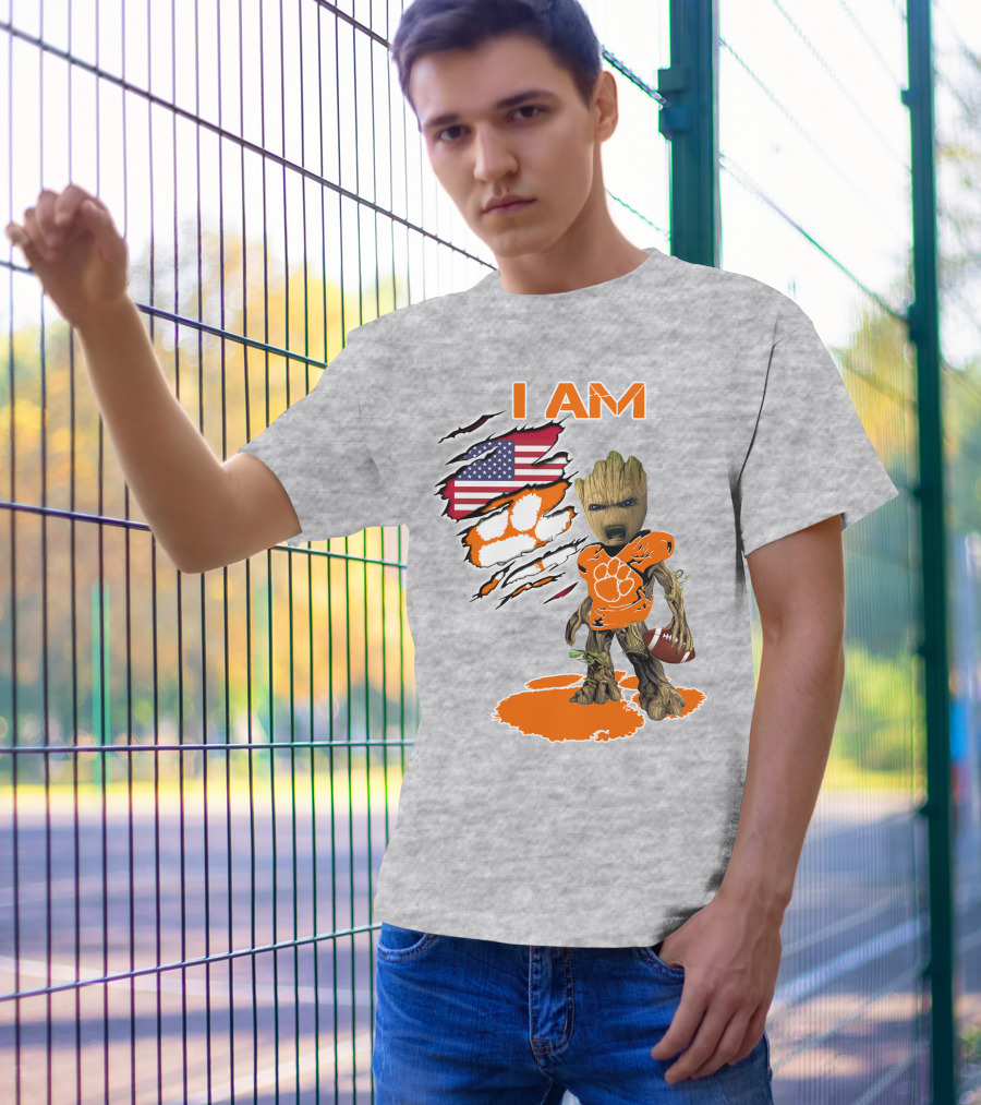 I AM Groot Clemson Football American Flag Background T-Shirt
