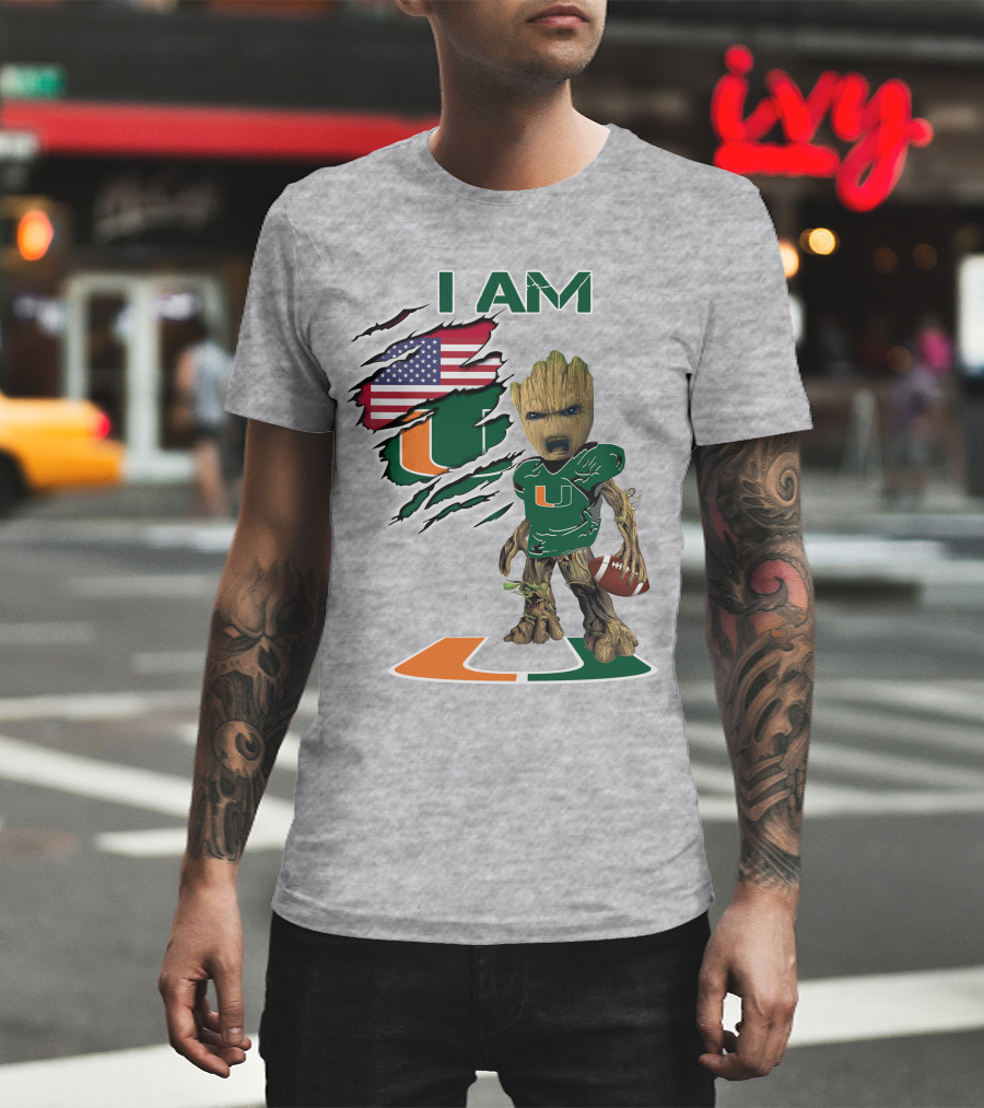 I Am University Of Miami Hurricanes Football Groot American Flag T-Shirt