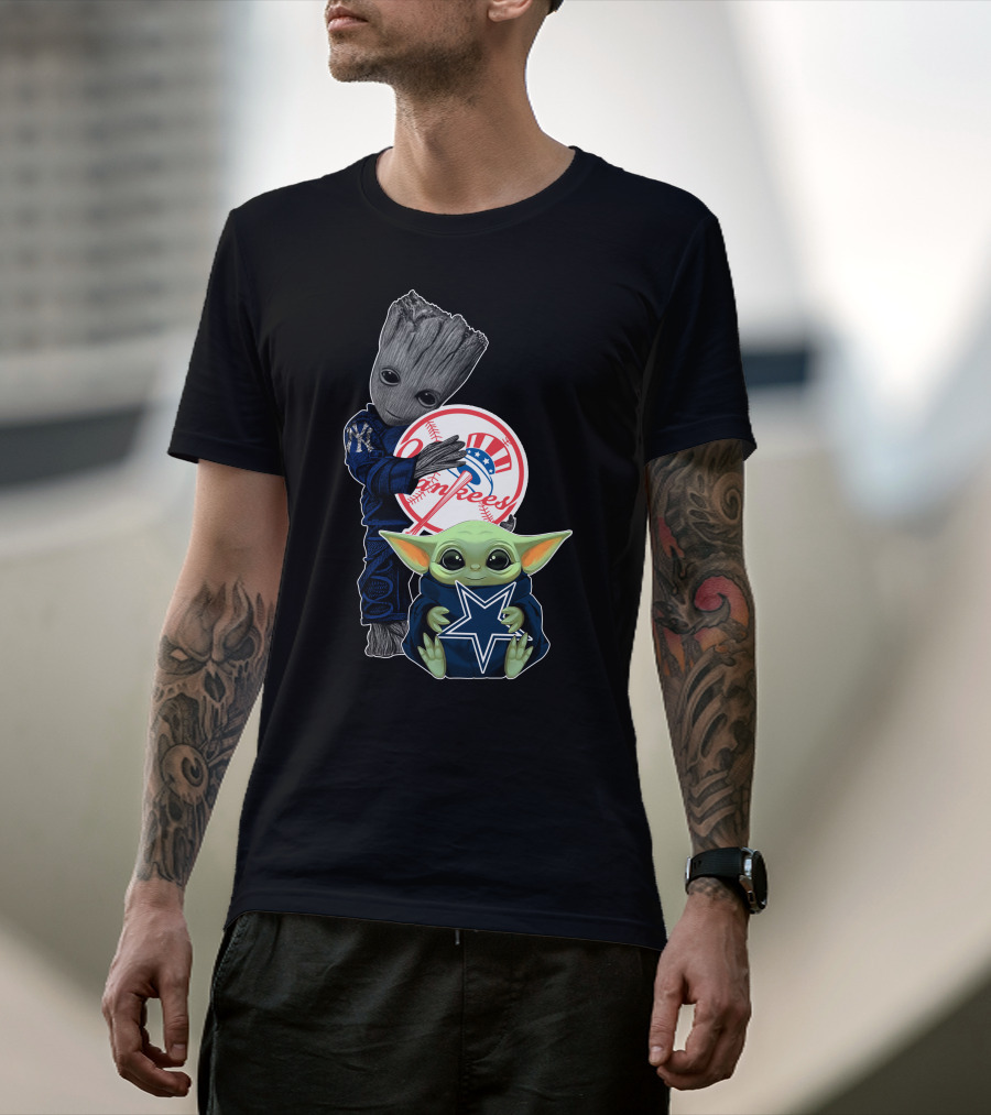 Yankees Cowboys Baby Groot And Baby Yoda Star Wars Crossover T-Shirt