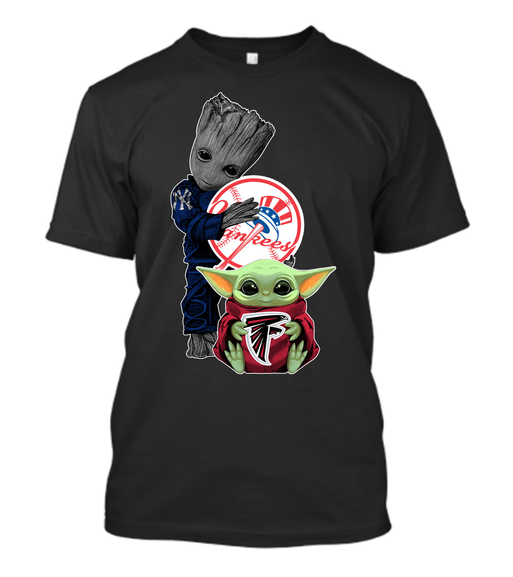 Yankees Falcons Baby Groot And Mandalorian Character T-Shirt