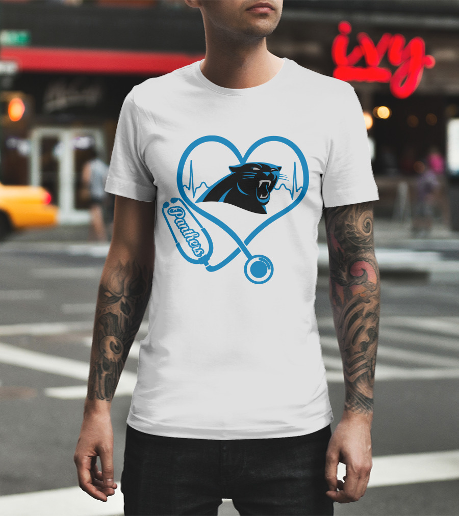 Carolina Panthers Nurse Love Stethoscope Heartbeat Panthers T-Shirt