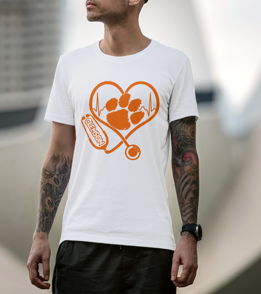 Clemson Tigers Nurse Heartbeat Paw Stethoscope T-Shirt