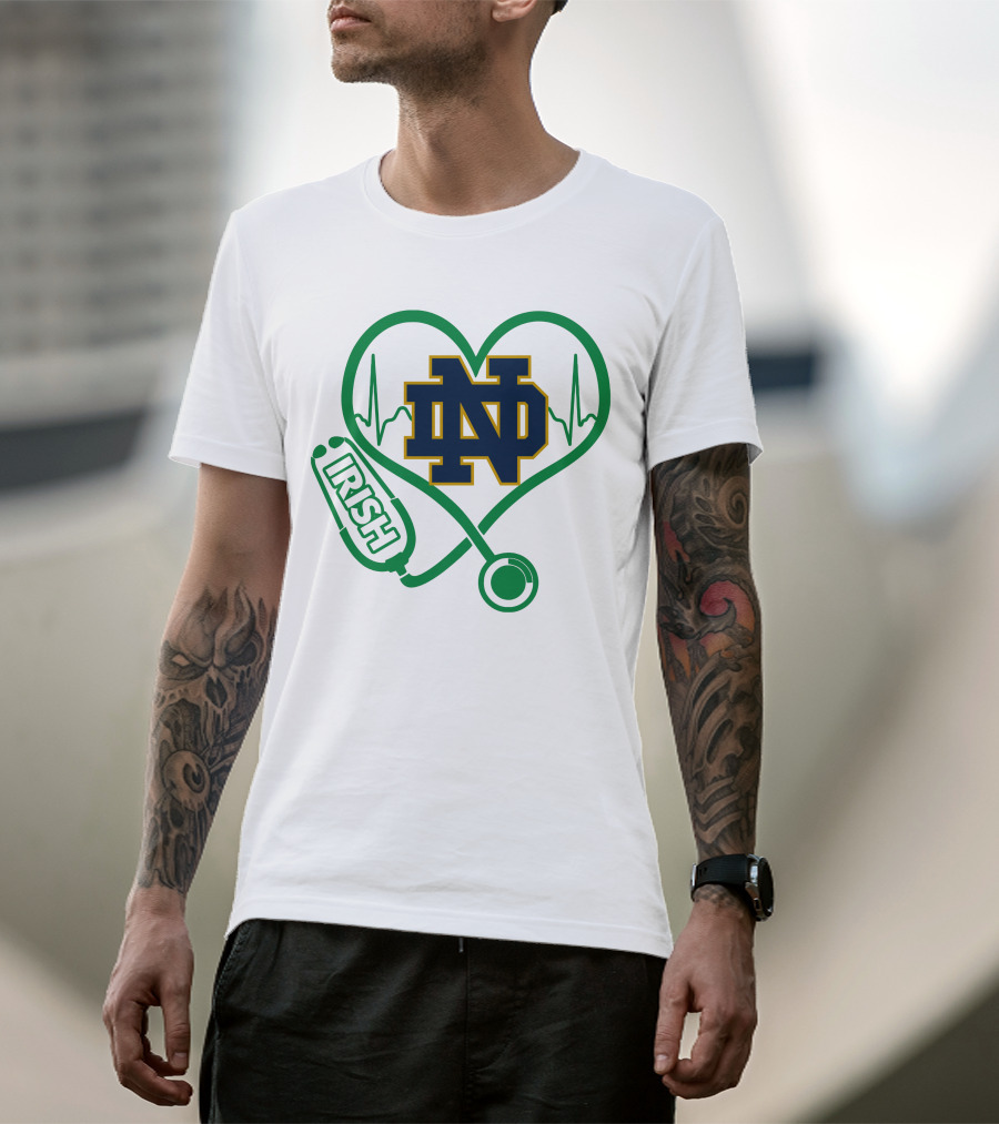 Nurse Love ND Irish Heartbeat Stethoscope Notre Dame Fighting Irish T-Shirt
