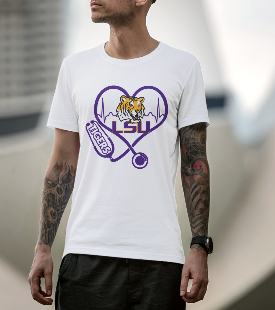 Nurse Love LSU Tigers Heartbeat Stethoscope Tiger T-Shirt