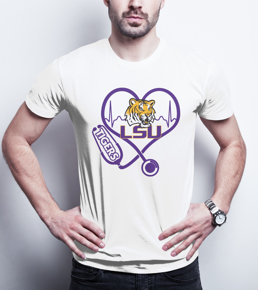 Nurse Love LSU Tigers Heartbeat Stethoscope Tiger T-Shirt