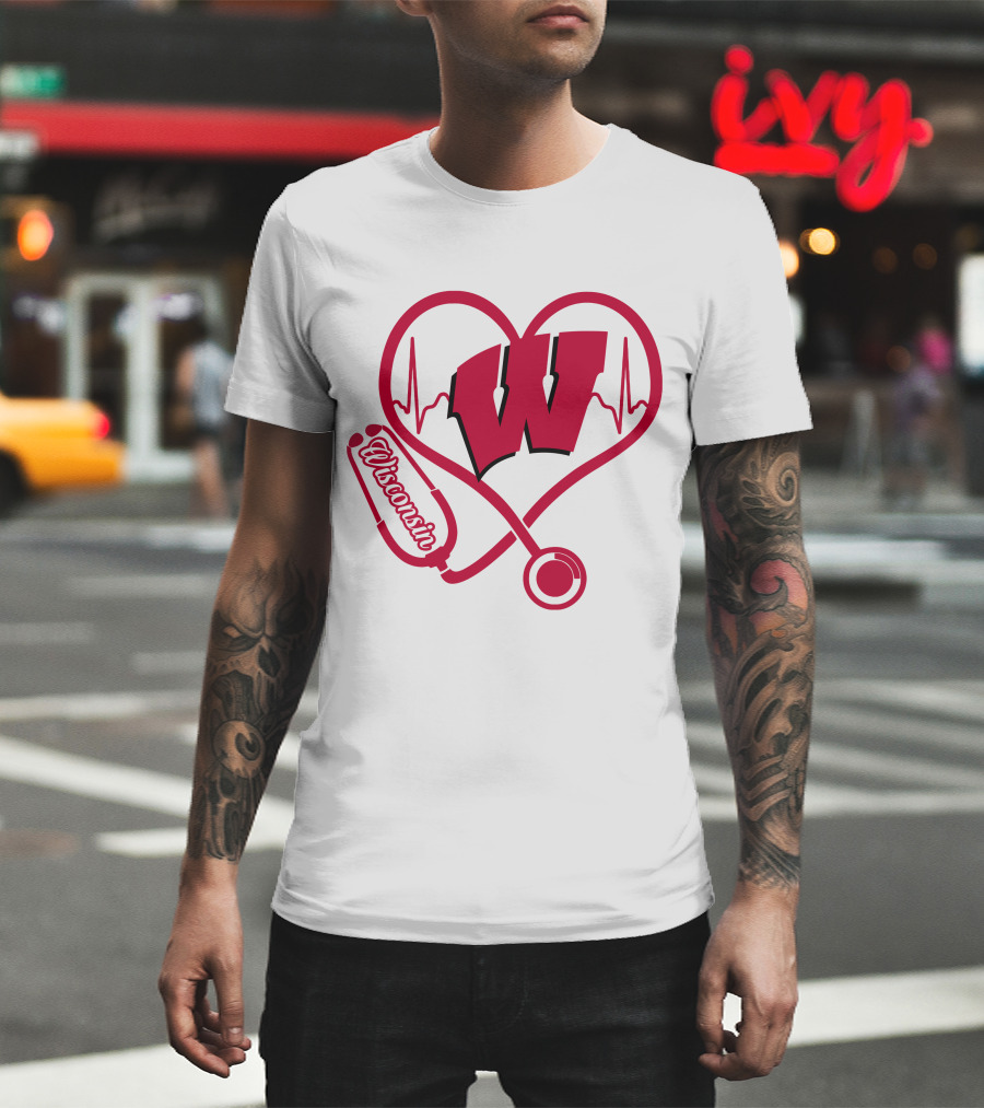 Nurse Love Wisconsin Badgers Heartbeat Stethoscope T-Shirt