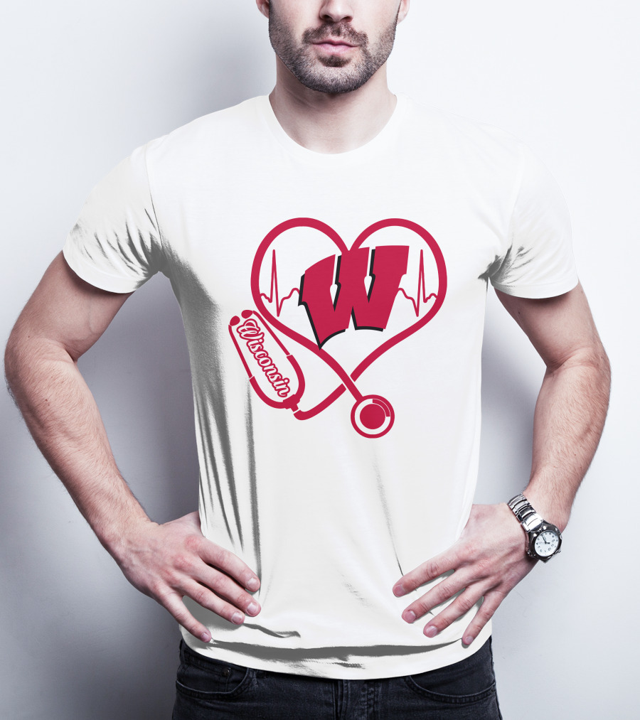 Nurse Love Wisconsin Badgers Heartbeat Stethoscope T-Shirt
