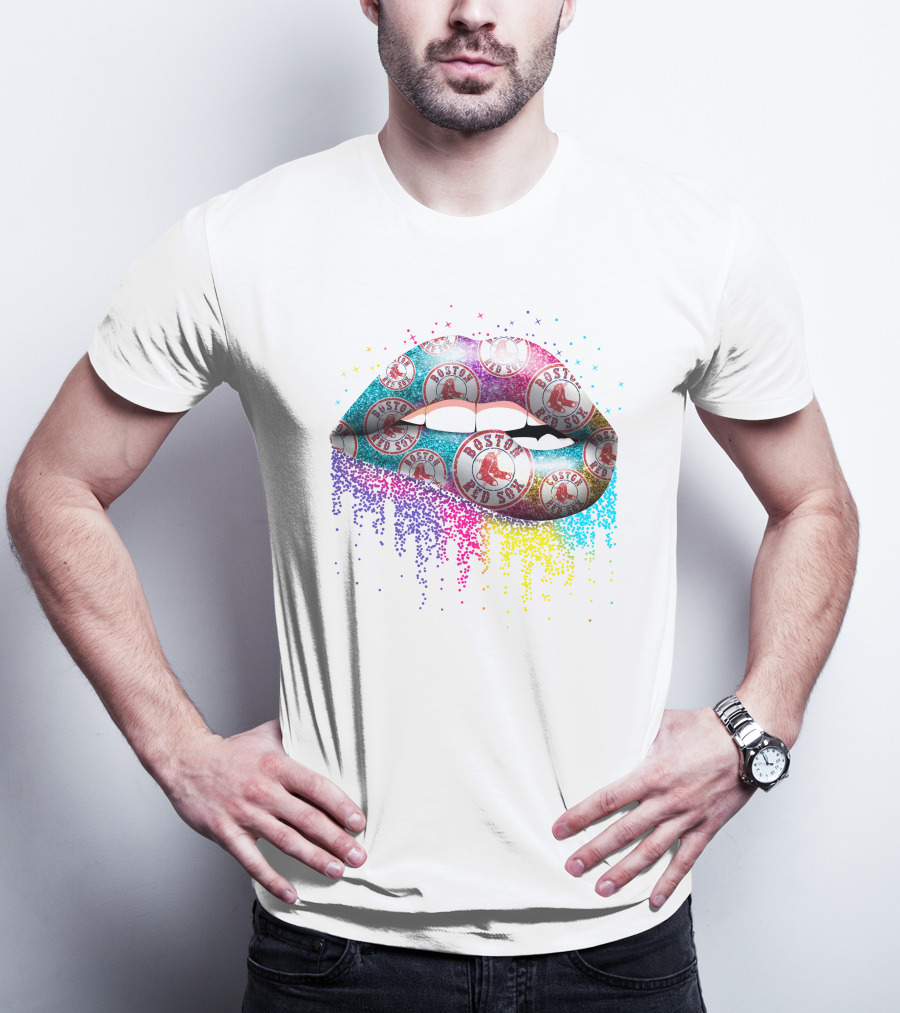 Boston Red Sox Lips Multicolor Sparkle T-Shirt