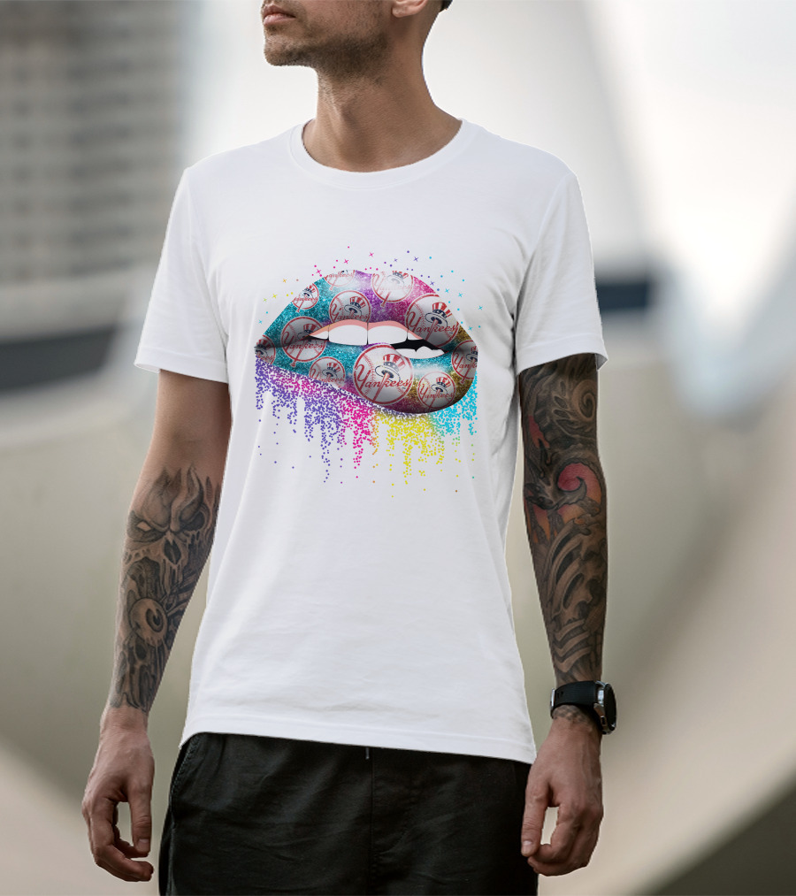 Yankees Lips Colorful Glitter Baseball T-Shirt