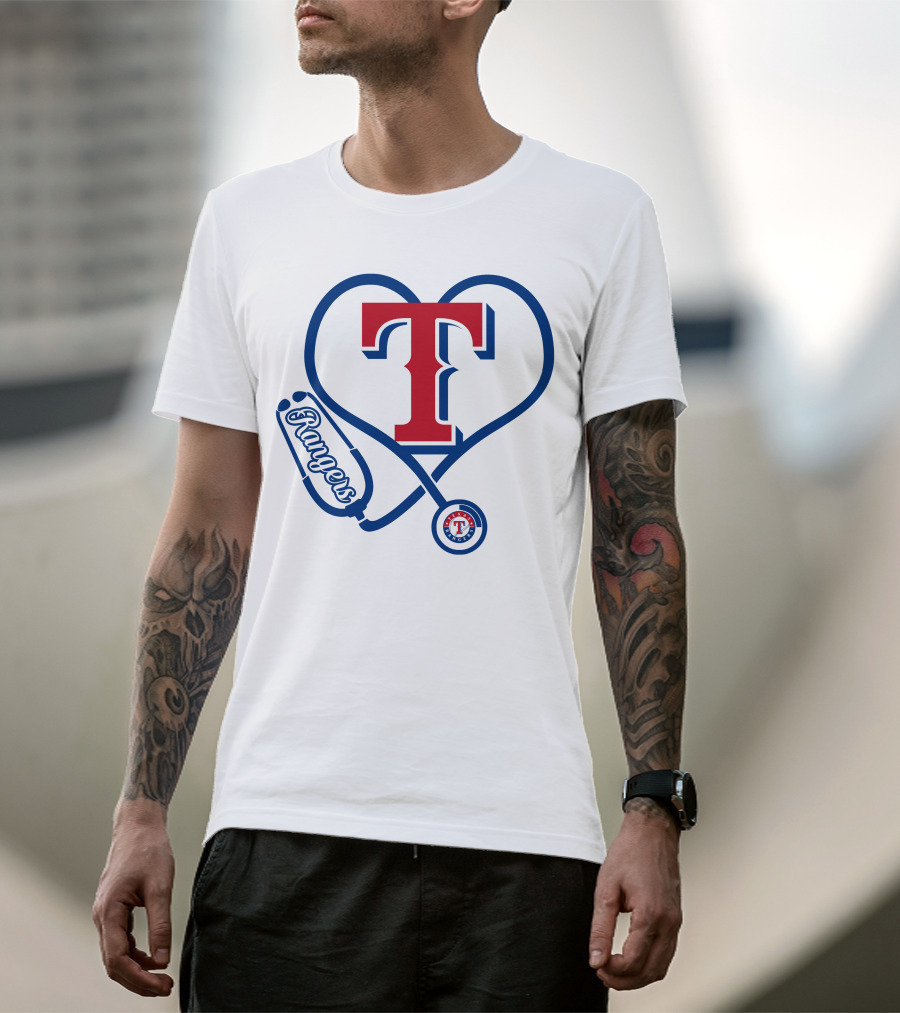 Nurse Love Texas Rangers Stethoscope Heart T-Shirt