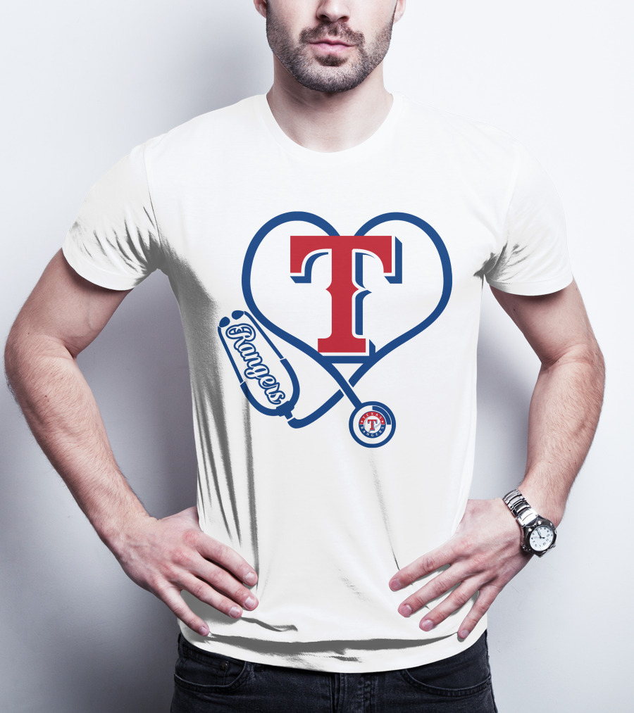 Nurse Love Texas Rangers Stethoscope Heart T-Shirt