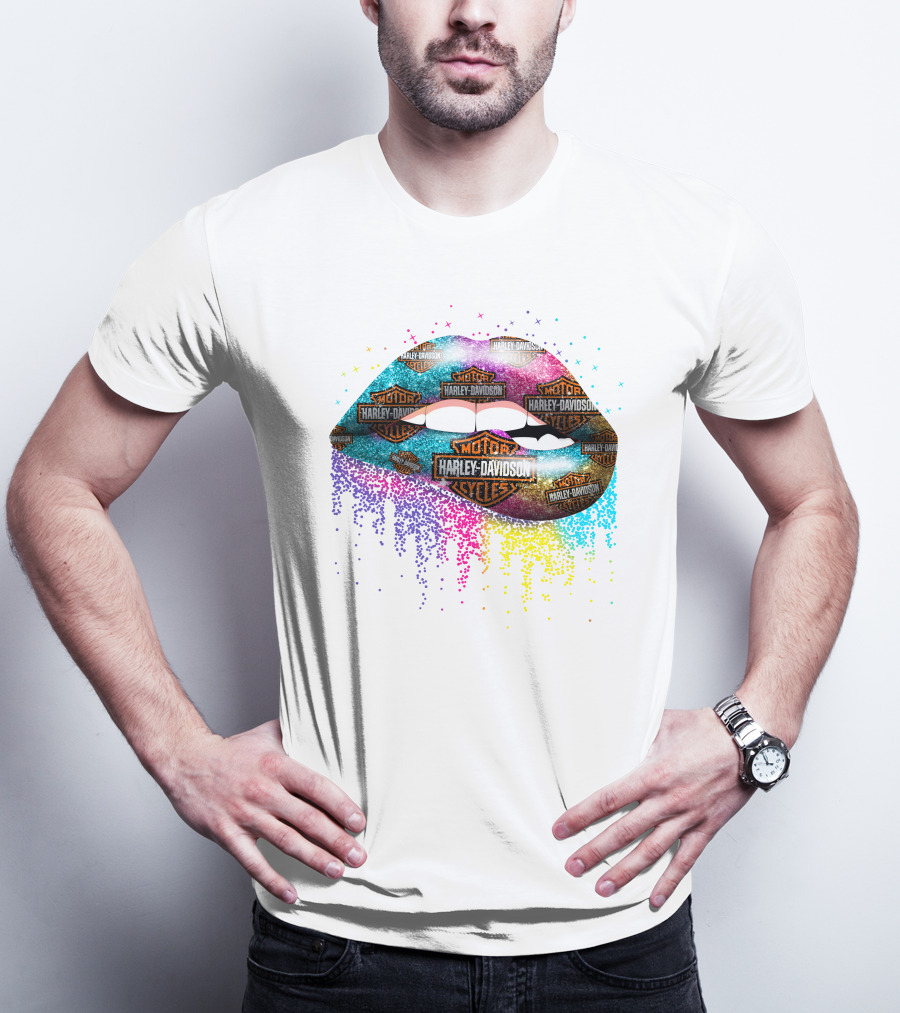 Harley Davidson Colorful Lips Motor Cycles T-Shirt