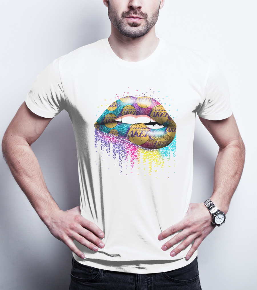 Lips Los Angeles Lakers Basketball Logo Glitter T-Shirt