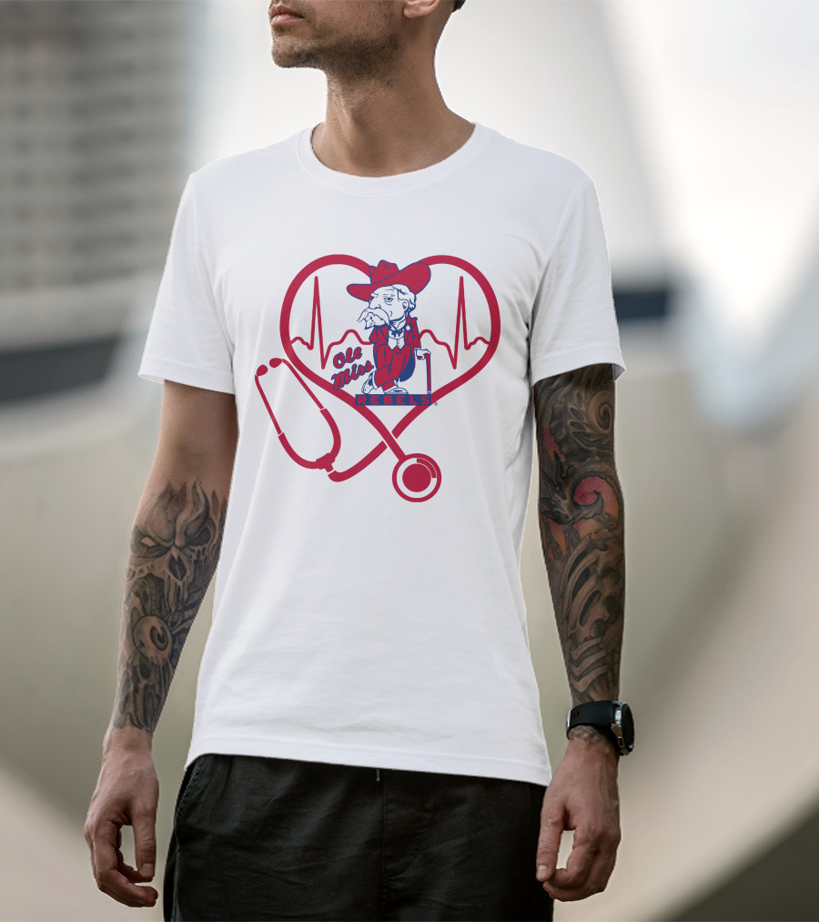 Nurse Love Ole Miss Rebels Heartbeat Stethoscope Mascot T-Shirt