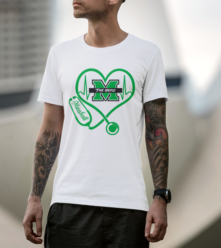 Marshall Thundering Herd Nurse Love Heartbeat Stethoscope T-Shirt