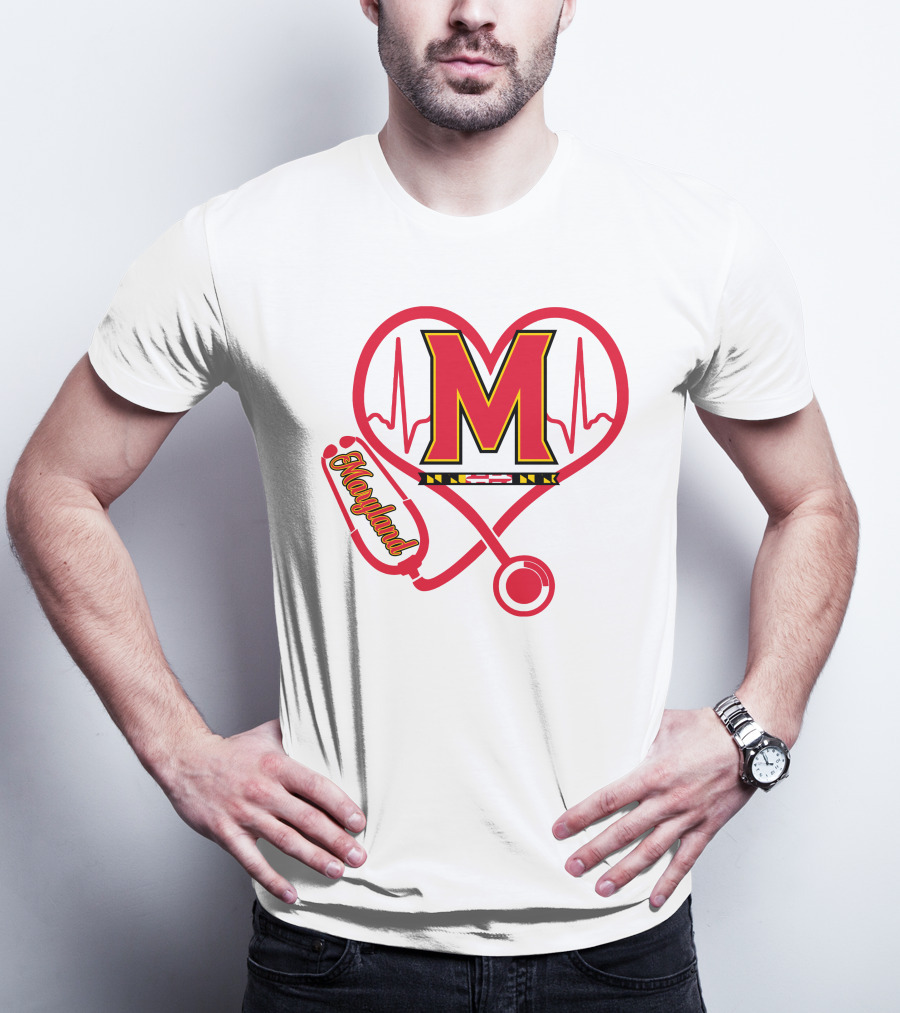 Nurse Love Maryland Terps Heartbeat Stethoscope T-Shirt
