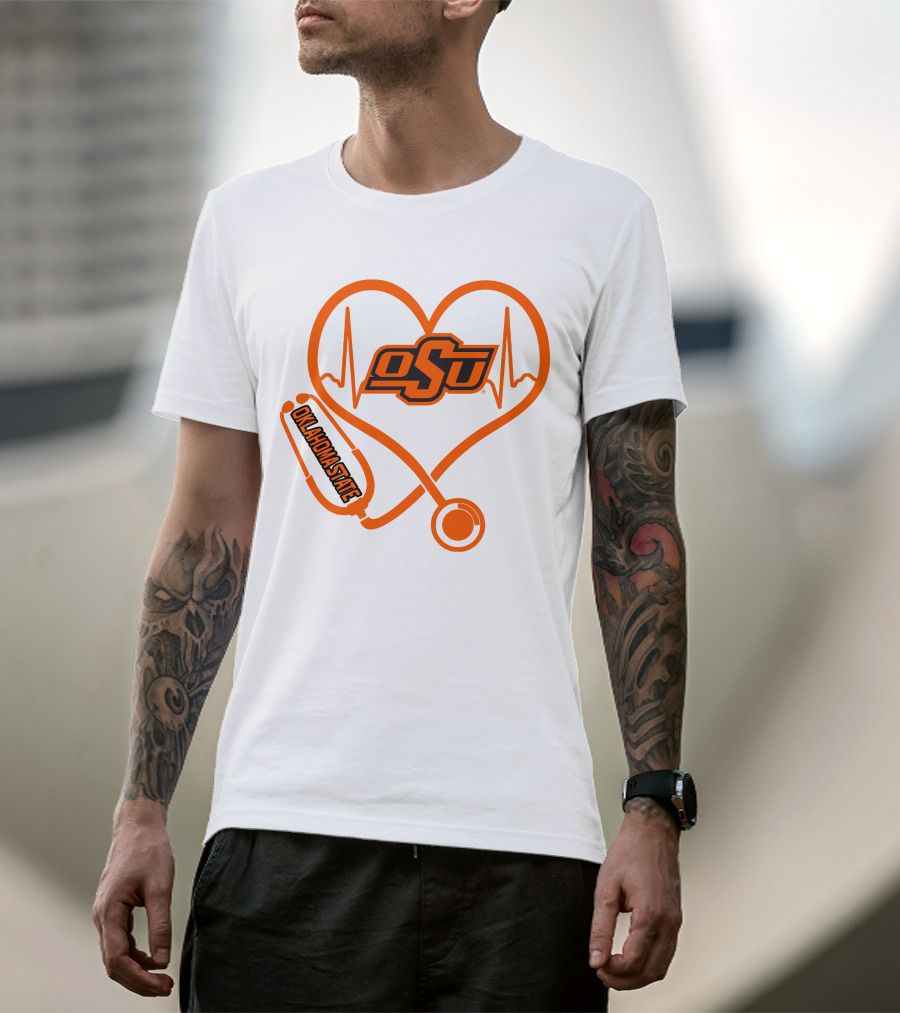 Oklahoma State Cowboys Nurse Love Heart Stethoscope T-Shirt