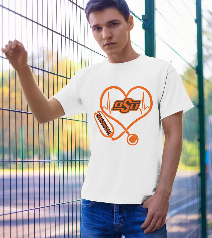 Oklahoma State Cowboys Nurse Love Heart Stethoscope T-Shirt