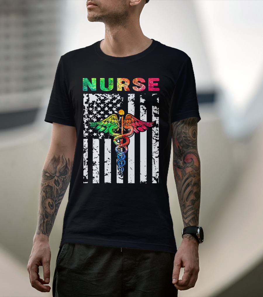Nurse Usa Flag With Rainbow Caduceus Symbol T-Shirt